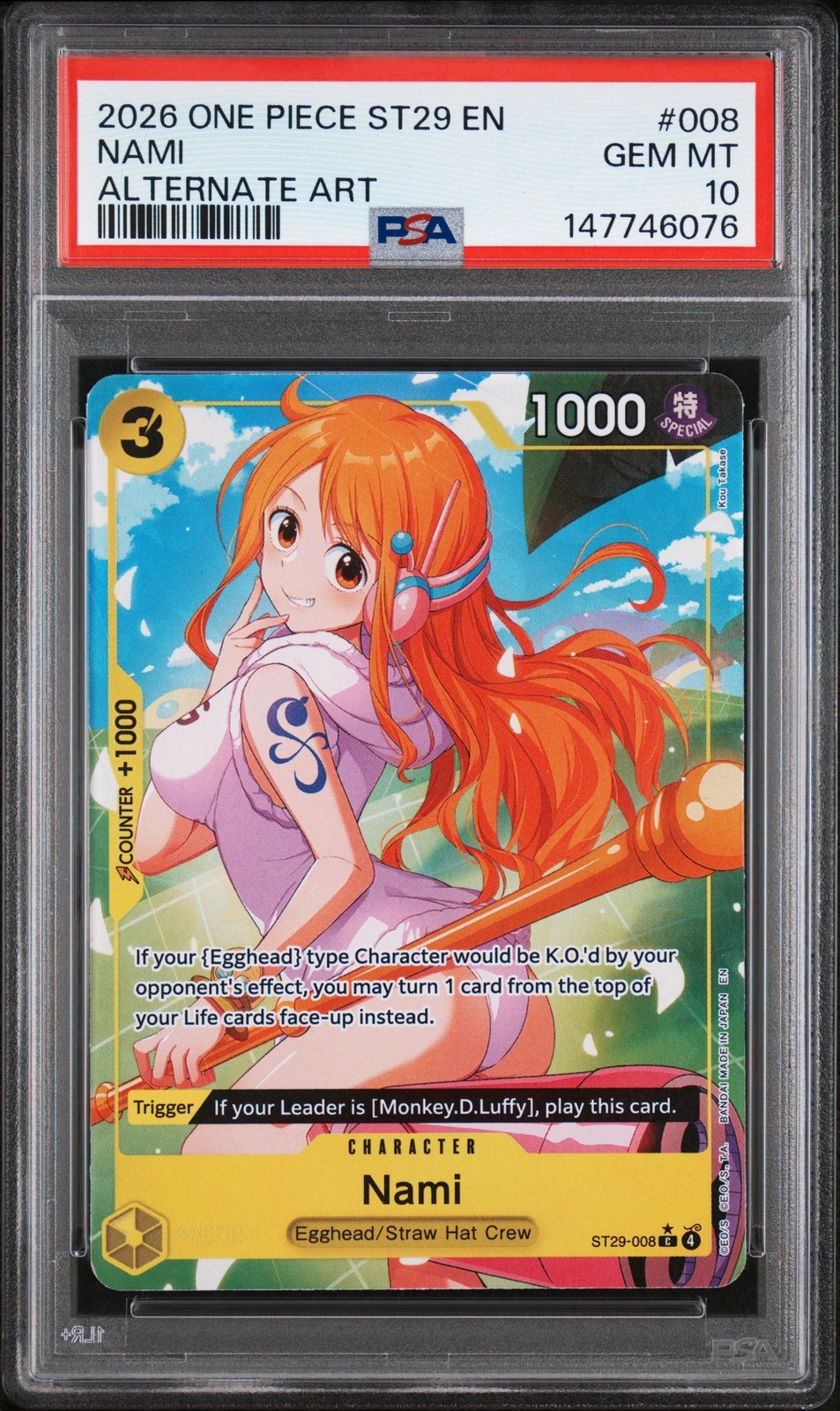 PRODUCT DETAILS 【商品情報】・鑑定機関：PSA・グレード：10・カード名（キャラクター）：NAMI（ナミ）・年式・シリーズ（セット名）：2026 STARTER DECK ST29-EGGHEAD・カード番号：#008・種別...