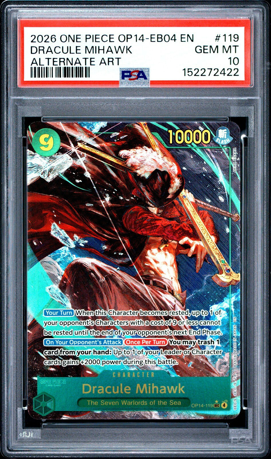 PRODUCT DETAILS 【商品情報】・鑑定機関: PSA・グレード: 10・カード名（キャラクター）: DRACULE MIHAWK・年式・シリーズ（セット名）: 2026 ONE PIECE OP14-EB04-THE AZURE...