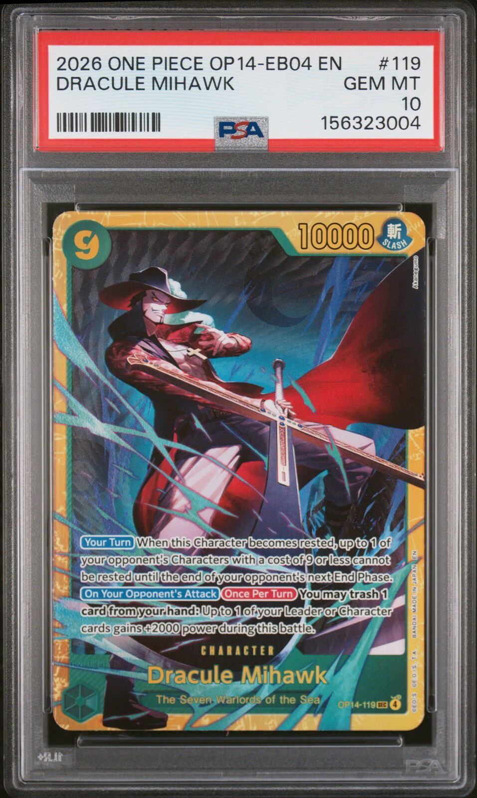 PRODUCT DETAILS 【商品情報】・鑑定機関：PSA・グレード：10・カード名（キャラクター）：DRACULE MIHAWK (ジュラキュール・ミホーク)・年式・シリーズ（セット名）：2026 ONE PIECE OP14-EB0...
