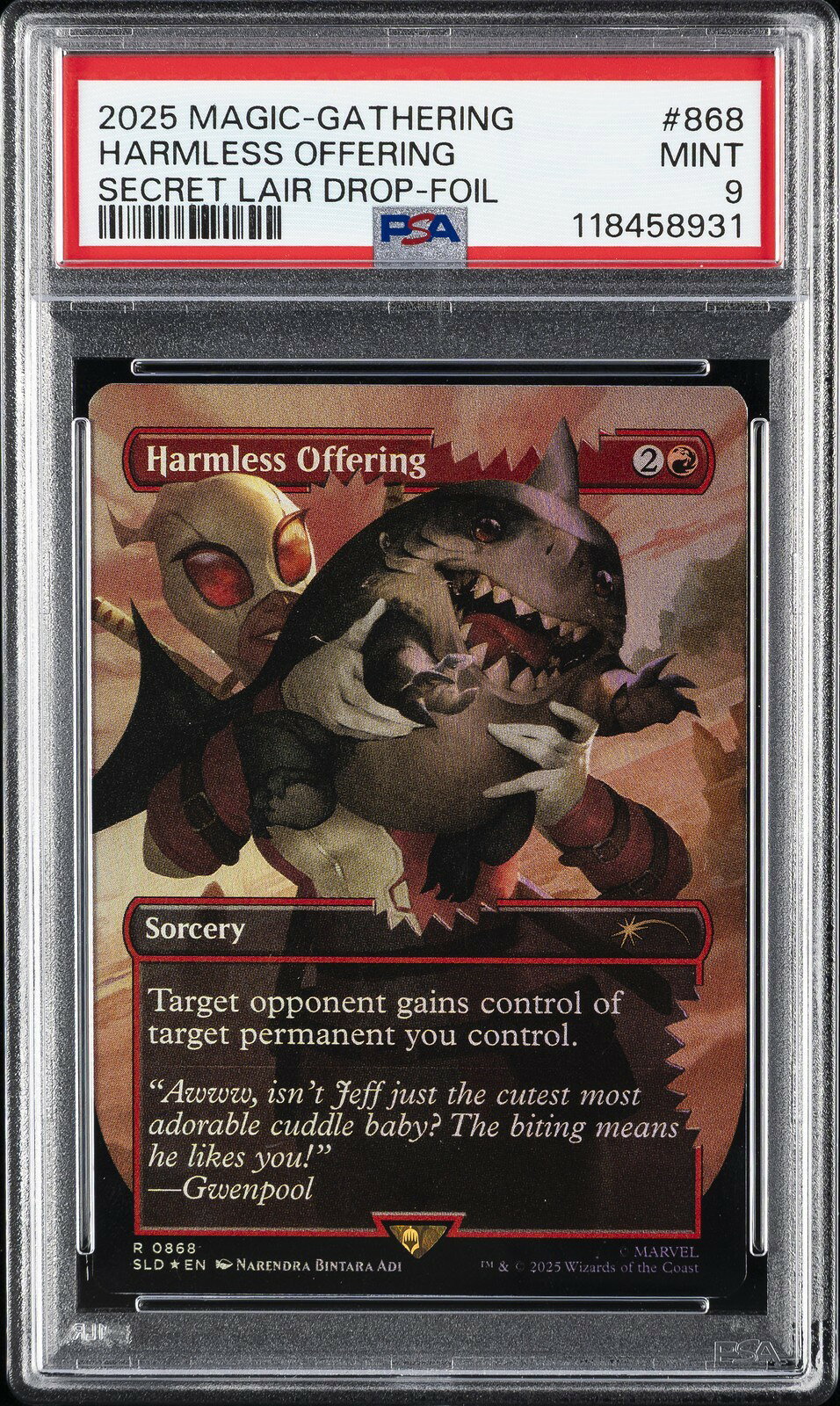 PRODUCT DETAILS 【商品情報】・鑑定機関: PSA・グレード: 9・カード名（キャラクター）: HARMLESS OFFERING・年式・シリーズ: 2025 SECRET LAIR DROP MARVEL'S DEADPOO...