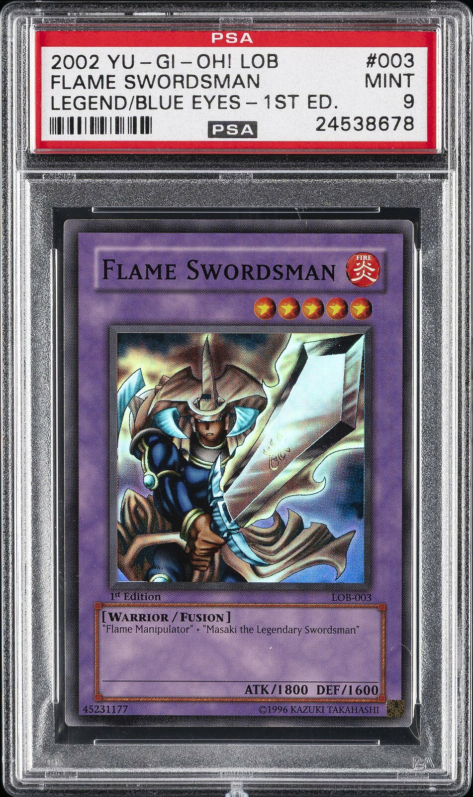 PRODUCT DETAILS 【商品情報】・鑑定機関:PSA・グレード:9・カード名（キャラクター）:FLAME SWORDSMAN・年式・シリーズ（セット名）:2002 LOB-LEGEND OF BLUE EYES WHITE DRA...