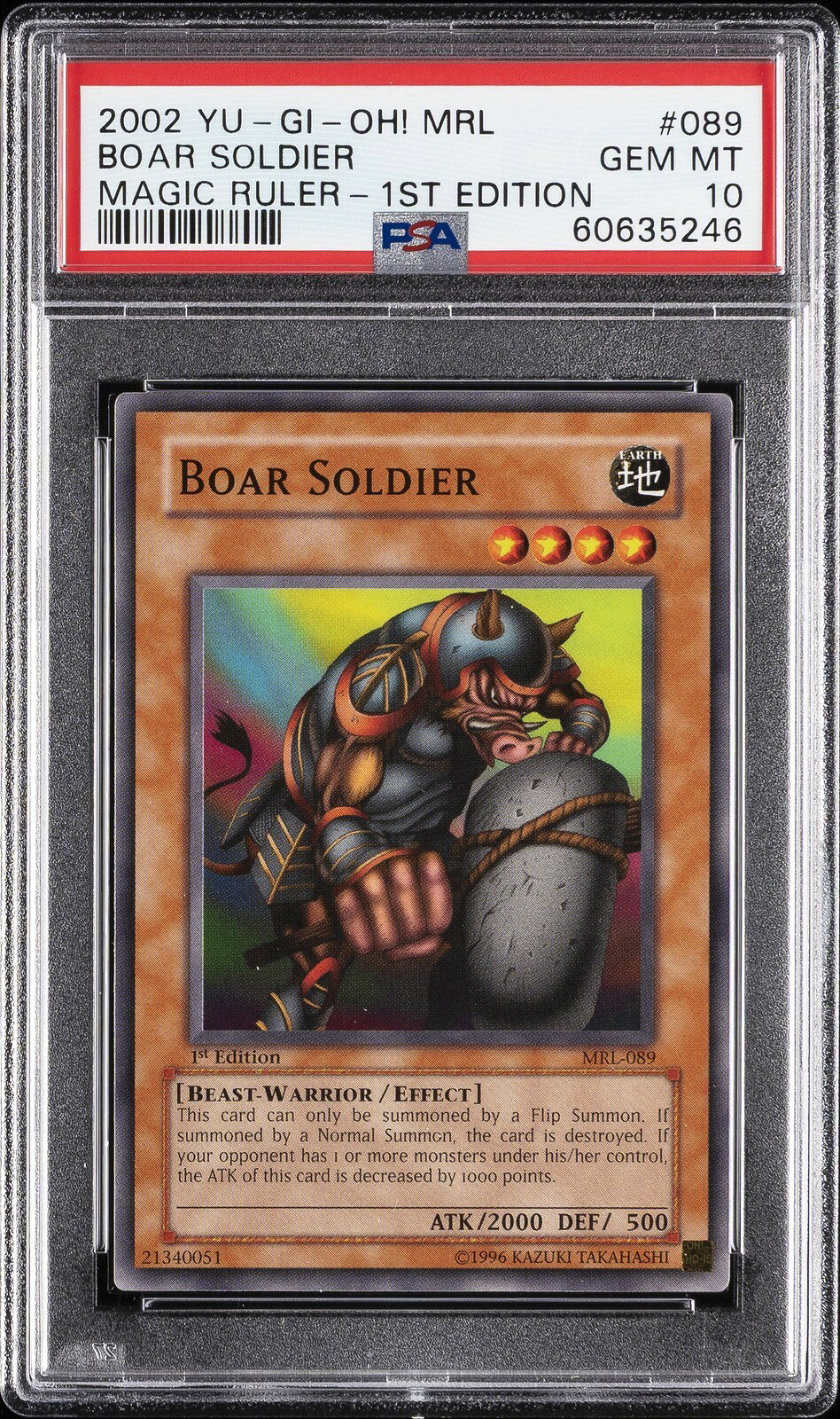 PRODUCT DETAILS 【商品情報】・鑑定機関：PSA・グレード：10・カード名（キャラクター）：BOAR SOLDIER・年式・シリーズ（セット名）：2002 YU-GI-OH! MRL-MAGIC RULER・カード番号：#08...
