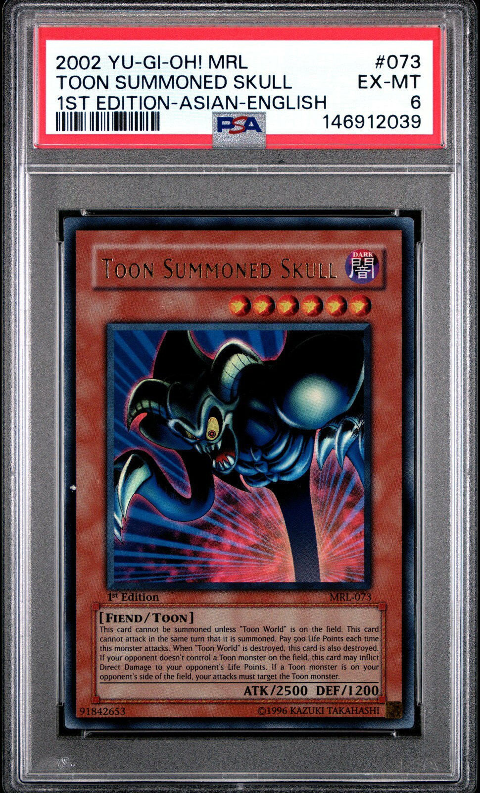 PRODUCT DETAILS 【商品情報】・鑑定機関:PSA・グレード:6・カード名:TOON SUMMONED SKULL（トゥーン・デーモン）・年式・シリーズ:2002 MRL-MAGIC RULER・カード番号:#073・種別:シン...
