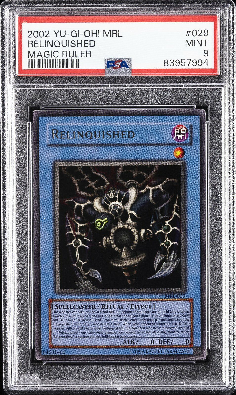 PRODUCT DETAILS 【商品情報】・鑑定機関:PSA・グレード:9・カード名（キャラクター）:RELINQUISHED・年式・シリーズ（セット名）:2002 MRL-MAGIC RULER・カード番号:#029・種別:なし・シリア...