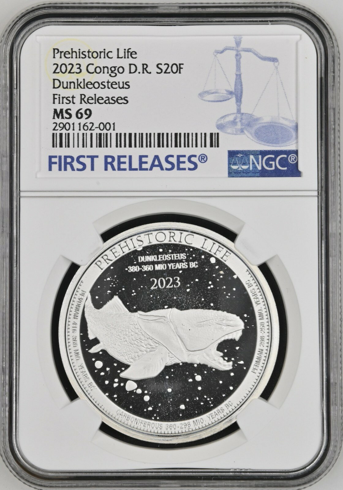 PRODUCT DETAILS 【商品情報】・鑑定機関: NGC・グレード: MS69 FR・発行年・発行国: 2023年 コンゴ民主共和国・額面: 20フラン・テーマ・シリーズ: プレヒストリックライフ（先史時代の生物）ダンクルオステウス...