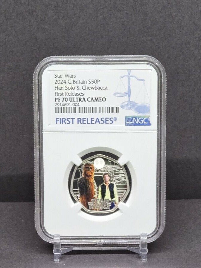 PRODUCT DETAILS 【商品情報】・鑑定機関: NGC・グレード: PF70 ULTRA CAMEO・発行年・発行国: 2024年 イギリス・額面: 50ペンス・テーマ・シリーズ: スター・ウォーズ ハン・ソロ & チューバッカ・...