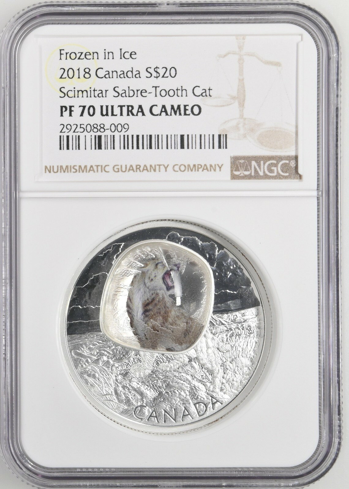 PRODUCT DETAILS 【商品情報】・鑑定機関:NGC・グレード:PF70 Ultra Cameo (UC)・発行年・発行国:2018年 カナダ・額面:20ドル・テーマ・シリーズ:フローズン・イン・アイス シミター・サーベルタイガー...