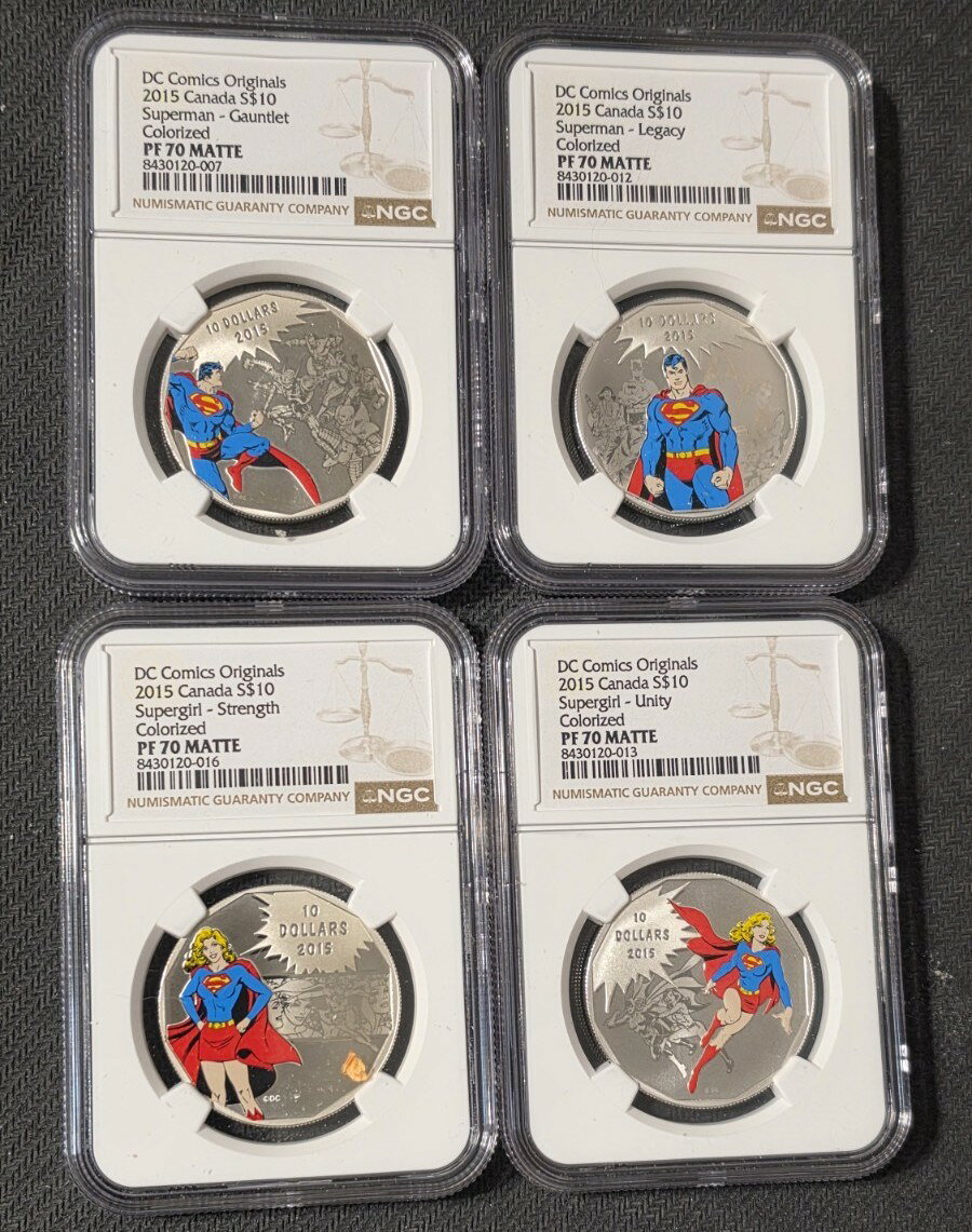 PRODUCT DETAILS 【商品情報】・鑑定機関:NGC・グレード:PF70 MATTE・発行年・発行国:2015年 カナダ・額面:10ドル・テーマ・シリーズ:スーパーマン スーパーガール 4枚セット・素材・重量:純銀(銀貨) 1/2...