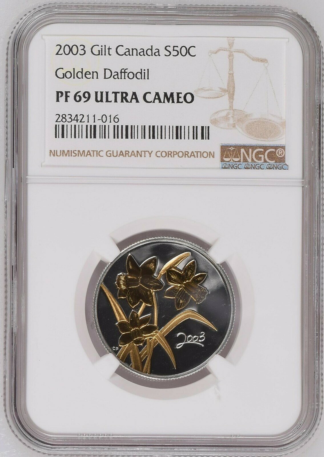 PRODUCT DETAILS 【商品情報】・鑑定機関:NGC・グレード:PF69 UC・発行年・発行国:2003年・カナダ・額面:50セント・テーマ・シリーズ:ゴールデン・ダッフォディル（水仙）・素材・重量:金メッキ、9.3g・鑑定番号:...