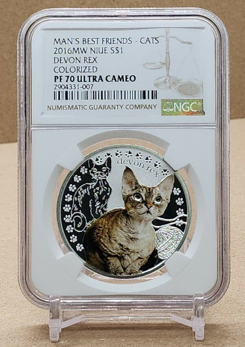 PRODUCT DETAILS 【商品情報】・鑑定機関：NGC・グレード：PF70 UC・発行年・発行国：2016年・ニウエ・額面：1ドル・テーマ・シリーズ：デボンレックス 猫 マンズ・ベスト・フレンド・素材・重量：銀（.999）・17.5...