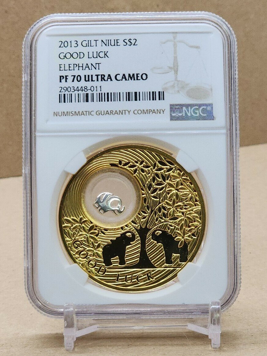 PRODUCT DETAILS 【商品情報】・鑑定機関: NGC・グレード: PF70 UC・発行年・発行国: 2013年 ニウエ・額面: 2ドル・テーマ・シリーズ: グッドラック エレファント・素材・重量: .925シルバー 銀貨 金メッ...