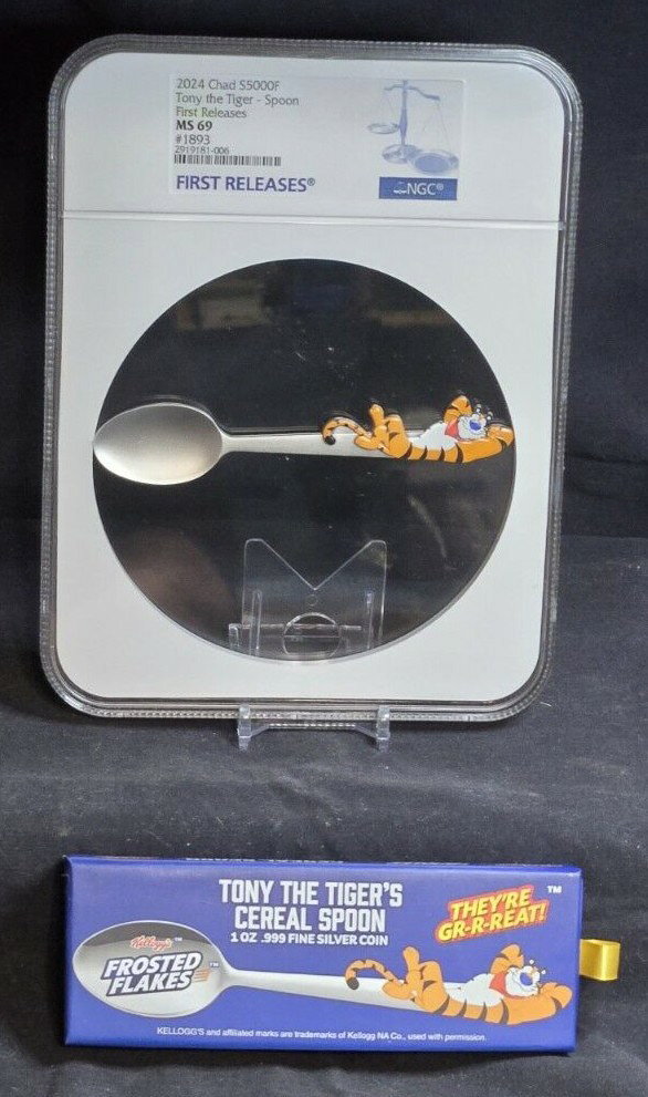 PRODUCT DETAILS 【商品情報】・鑑定機関：NGC・グレード：MS69・発行年・発行国：2024年 チャド・額面：5000フラン・テーマ・シリーズ：ケロッグ トニー・ザ・タイガー スプーン・素材・重量：銀 1オンス・鑑定番号：1...