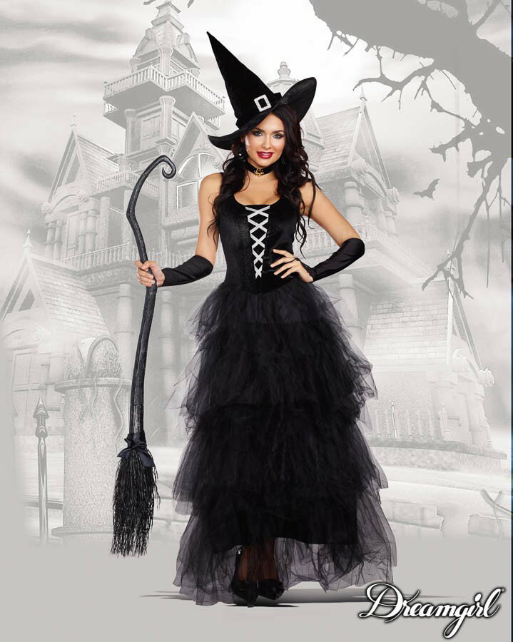 スペルバウンド　大人用は仮装やコスプレで盛り上がりたいハロウィンパーティやセクシー＆個性的な舞台衣装をお探しの 方に最適なコスチューム♪ セット内容:黒のベルベットが輝くのボディスとフルフリルチュールがキュートな魔女のドレス、魔女の帽子 （...