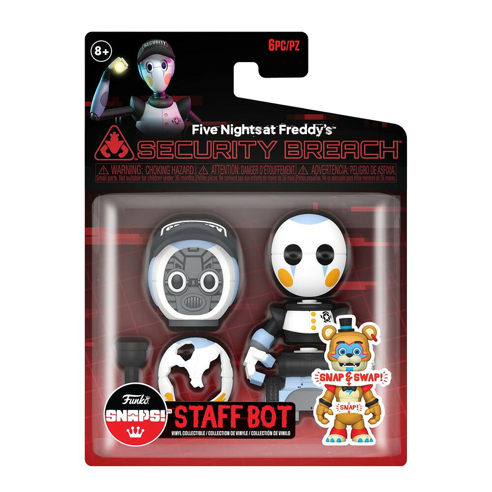 商品説明 主な機能・Five Nights at Freddy's: Security Breach シリーズのSNAPS! Staff Botフィギュア・6つのカスタマイズパーツ付き（顔パーツ2個、胴体1個、脚1組、頭部1個、アクセサリー...