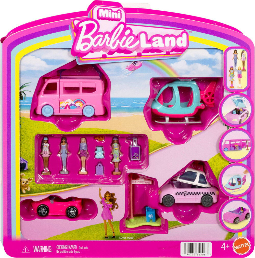 商品説明 主な機能/スペック・バービー人形4体と乗り物4台のセット・含まれる乗り物：ミニドリームキャンパー、コンバーチブル、ヘリコプター、タクシー・バービー人形のサイズ：約3.8cm・各人形は腰部分で曲げることができ、座らせることが可能・各...