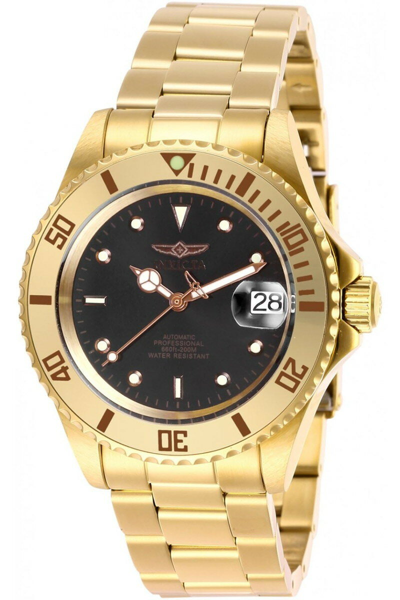 商品説明 【商品特徴】Invicta 28664 Pro Diverは、黒い文字盤と黄色のゴールドトーンステンレススチールケースとバンドを組み合わせた高級感あふれるダイバーズウォッチです。自動巻きムーブメントと200メートル/660フィート...
