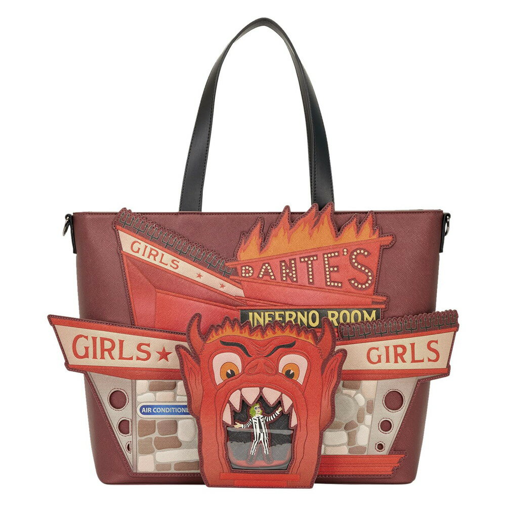 商品説明 商品の特徴・ビートルジュースの映画をモチーフにしたトートバッグ・前面にダンテのインフェルノルームのデザイン・メタリックフェイクレザーと凹凸加工のディテール・取り外し可能なコインバッグ付き（前面ドアの空間に収納可能）・調節可能なクロ...