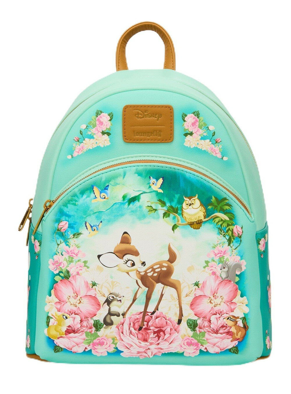 商品説明 主な機能/スペック・ターコイズカラーのバンビデザインミニバックパック・フロント面にバンビとサンパー、他の動物や鳥が花に囲まれた森のシーンをプリント・サイドパネルにピンクのリボンを付けたバンビのデザイン・フロントジッパーポケット付き...