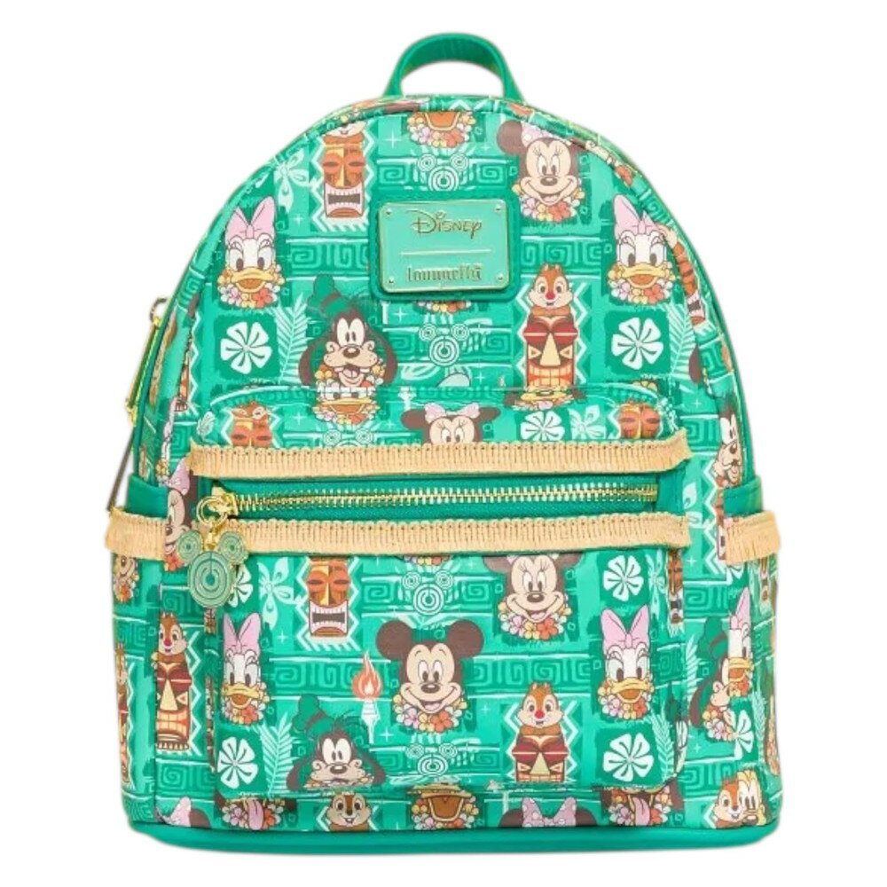 商品説明 主な機能/スペック・ディズニーキャラクター（ミッキー、ミニー、ドナルド、デイジー、グーフィー、チップ、デール、プルート）をフィーチャーしたティキ風デザインのミニバックパック・フロントポーチにゴールドのミッキーシルエットジッパーチャ...