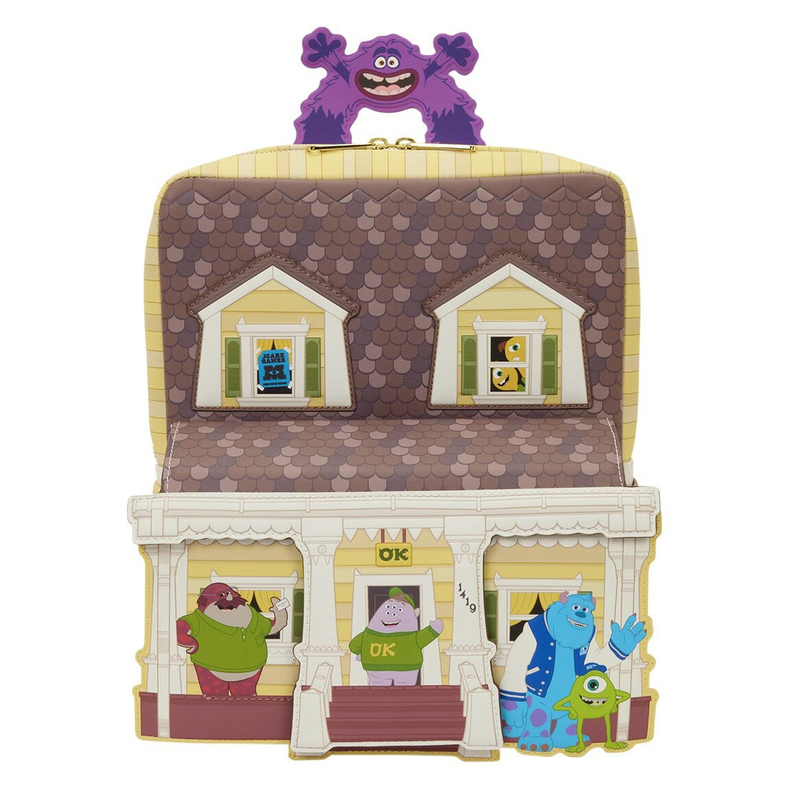 PRODUCT DETAILS Loungefly ディズニー ピクサー モンスターズ・ユニバーシティ ウーズマ・カッパ 寮 ハウスモチーフ ミニバックパック リュック【商品仕様】・ アイテム種別：ミニバックパック・ 素材：合成皮革（ポリウ...