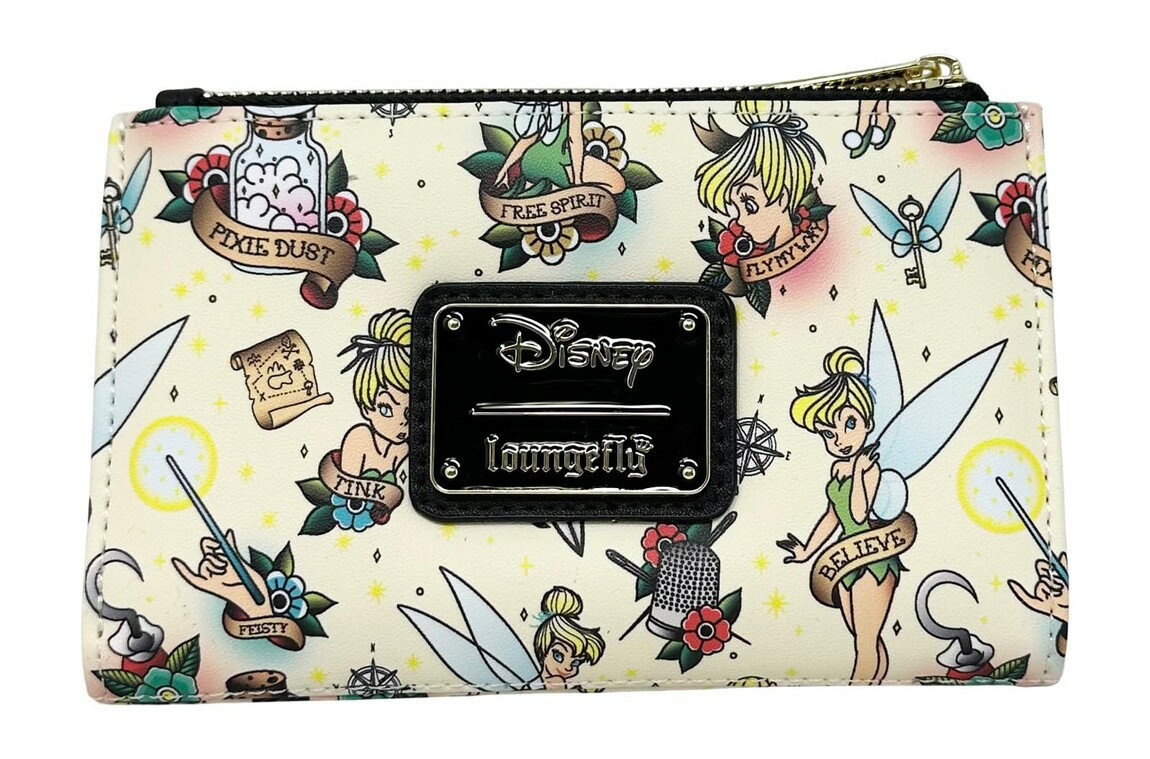 PRODUCT DETAILS Loungefly ディズニー ティンカーベル ピーターパン 財布 二つ折り財布 タトゥーデザイン【商品仕様】・ アイテム種別：二つ折り財布・ 素材：フェイクレザー・ サイズ：約10.2cm × 15.2cm...