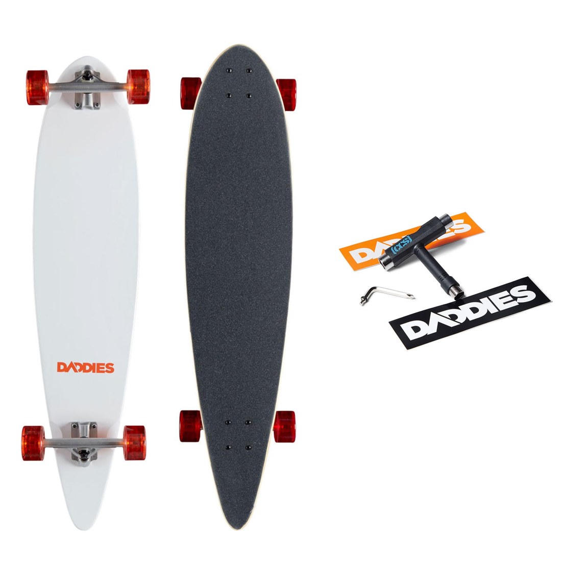 PRODUCT DETAILS Daddies Logo Pintail ロングボード コンプリート ホワイト 7層メープル 70mmウィール【商品仕様】・ 種別：ロングボード コンプリート（完成品）・ デッキ素材：7層カナディアンメープル...