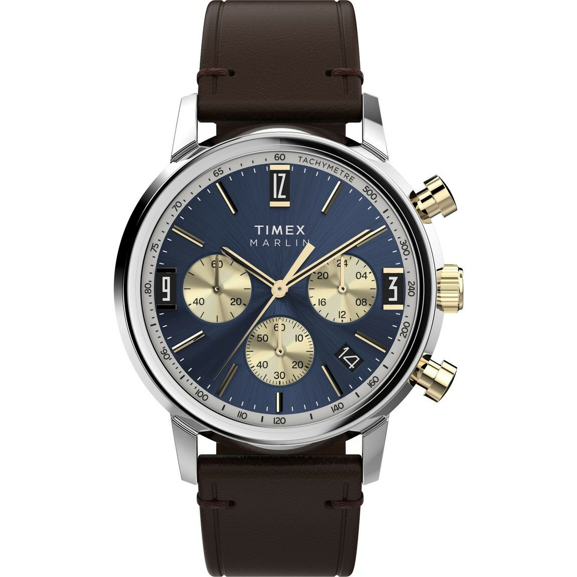 PRODUCT DETAILS タイメックス Marlin メンズ クォーツ クロノグラフ 40mm ブルー文字盤 ブラウン レザーバンド ツートーンケース【商品仕様】・ ムーブメント：クォーツ（クロノグラフ）・ ケース径：40mm・ ケー...