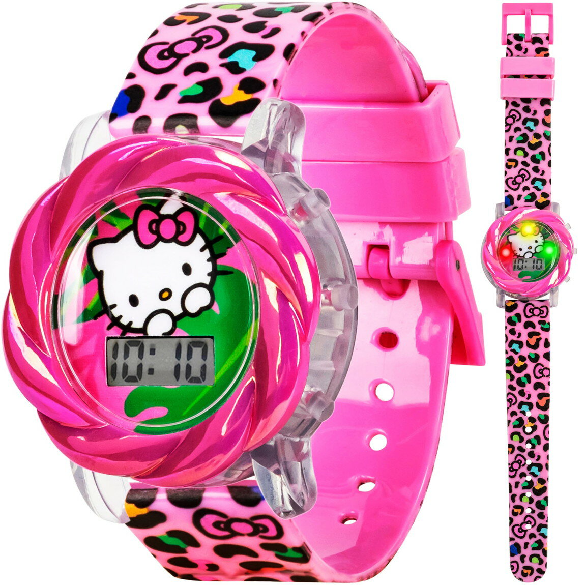 PRODUCT DETAILS Hello Kitty デジタル腕時計 LEDライト付き ピンク レオパード柄 子供用 キッズ ウォッチ ギフト缶入り【商品仕様】・ブランド：Hello Kitty・表示方式：デジタル・機能：LEDフラッシュ...