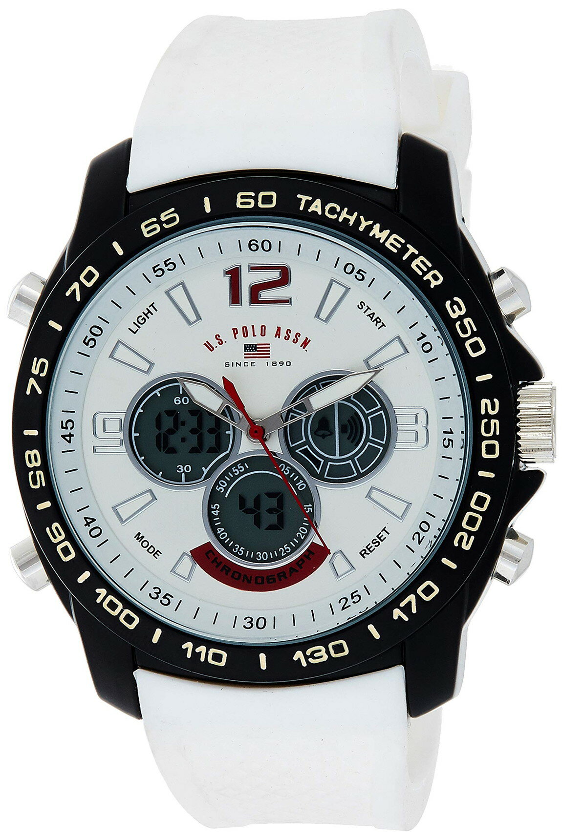 PRODUCT DETAILS U.S. Polo Assn. メンズ アナデジ 腕時計 クロノグラフ タキメーターベゼル ホワイト シリコンベルト 46mm【商品仕様】・ブランド：U.S. Polo Assn.・表示方式：アナデジ（アナロ...