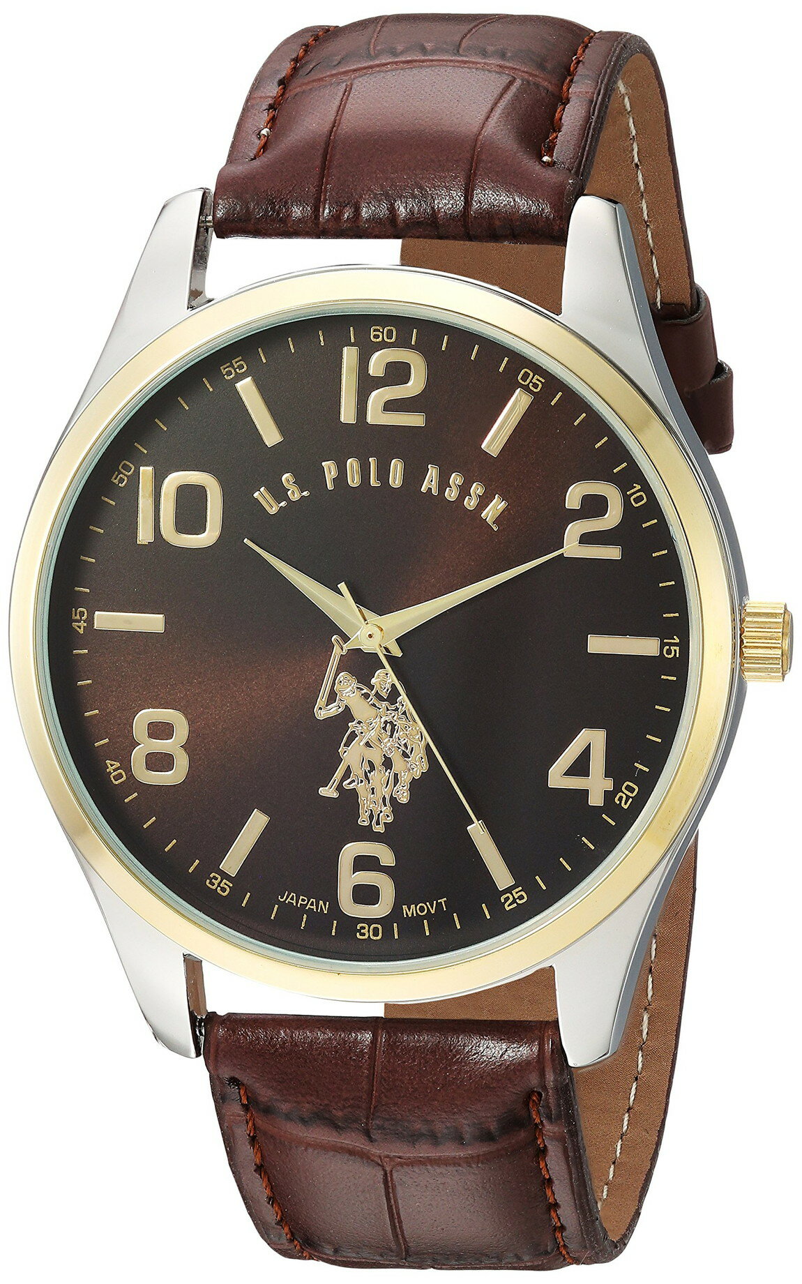 PRODUCT DETAILS U.S. Polo Assn. メンズ アナログ腕時計 ブラウン文字盤 ゴールドベゼル クロコ型押しベルト 44mm【商品仕様】・ブランド：U.S. Polo Assn.・駆動方式：クォーツ・ケースサイズ：約...