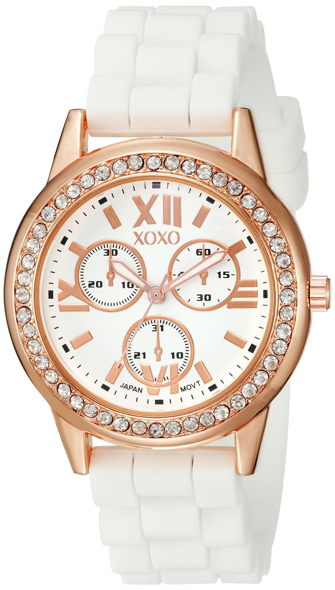 PRODUCT DETAILS XOXO レディース 腕時計 アナログ クォーツ ホワイト シリコンバンド ローズゴールド ラインストーンベゼル【商品仕様】・ブランド：XOXO・表示方式：アナログ・ムーブメント：日本製クォーツ・ケース直径：...