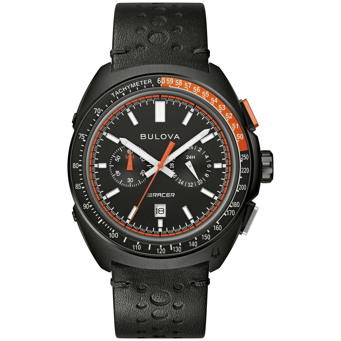PRODUCT DETAILS Bulova Racer Chronograph 腕時計 メンズ ブラック文字盤 オレンジアクセント ブラックレザーストラップ 98B428【商品仕様】・ ブランド：Bulova・ ムーブメント：クオーツ（5...