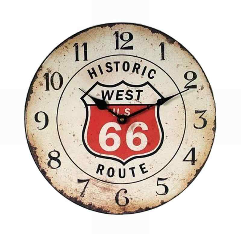 ルート66 カフェクロック 掛け時計 アンティーク風 ホワイト（アイボリー）生産地：中国 素材・成分 MED(圧縮木材)シャビー感が味のあるオシャレなRoute66デザインです。2色展開なので、お部屋のイメージに合わせてお選びください。