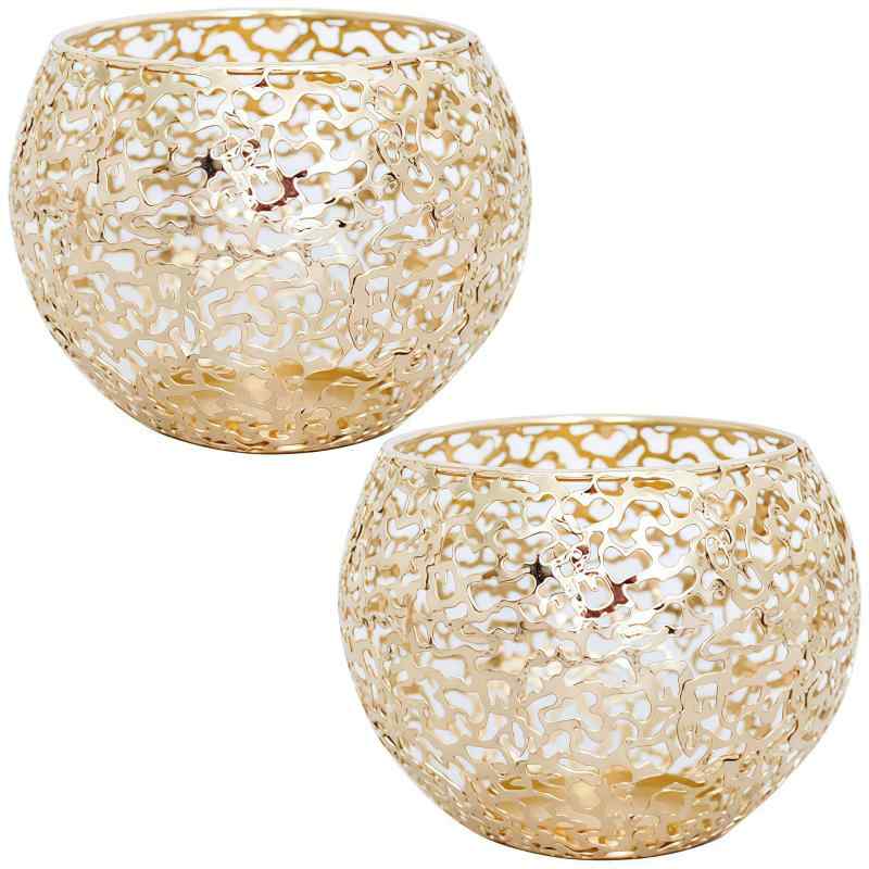 Hoffnugshween キャンドルホルダー ゴールド 金属製 ティーライトホルダー キャンドルスタンド ろうそく入れ 丸型 雰囲気作り ロマンチック おしゃれ クリスマス バレンタインデー 誕生日会 記✨金属製のキャンドルホルダー、壁が...