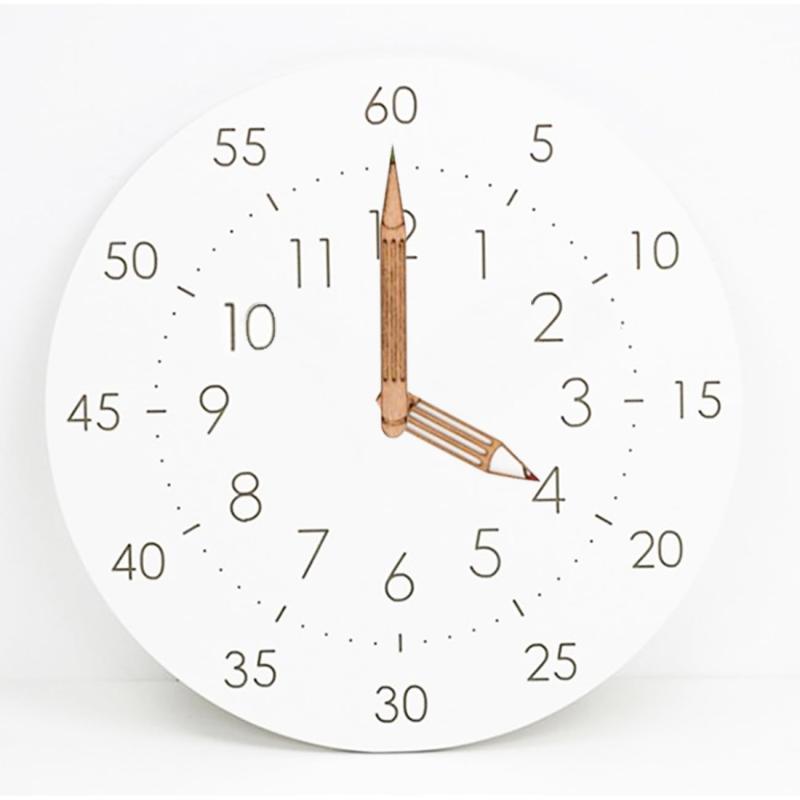 DUOGIO 掛け時計 直径30cm 電波時計 木製 アナログ 子供 知育時計 単三電池式 見やすい 鉛筆形指針 連続秒針 静音 キッズルーム・リビング・教室・図書館など壁掛け時計 可
