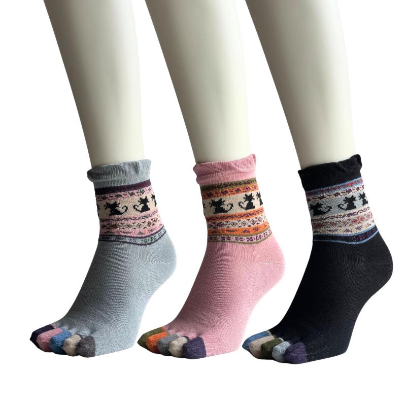[モードセレクト] 5本指靴下 レディース 可愛い 猫柄 5本指ソックス レディース おしゃれ 親指補強 表糸綿100％ 口ゴムゆったり 22-25cm 3足セット（色お任せ） P215本指ソックス3足組。色はお任せ下さい。 デザイン性: ...