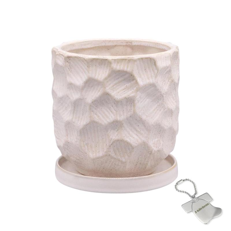 J-kitchens Select 置物 花瓶 陶器 植木鉢 手押し風 デザイン ポット ホワイト Φ14xH14cm オリジナルタグ付 P-563917本体素材：セラミック製品サイズ：本体／約Φ14xH14cm底穴あり ソーサー付き一品一...