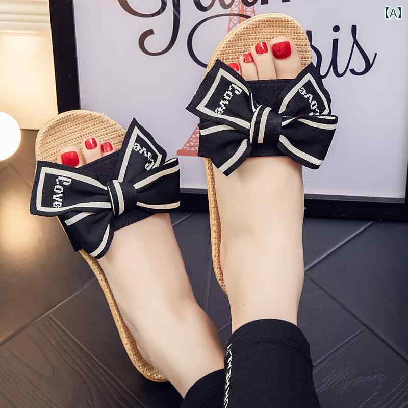 新しい ファッショナブルな リボン 付き リネン スリッパ、 女性 用 室 内用、 吸汗 性、 滑り 止め、 静 音、 柔らかい 底の ホーム サンダル適用年齢層: 成年カラー: 黒,ホワイト,赤,カーキ色,緑サイズ: 35-36,37-3...