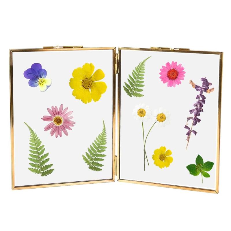 LONGWIN 金色二重折り畳みフロートフォトフレーム復古正方形黄銅両面ガラスエンボス芸術品証明書棚植物標本クリップ