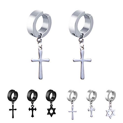 YOLOO メンズ スタッドピアス ノンホール フェイクピアス アレルギー対応 サージカルステンレス イヤリング ブラック シルバー 揺れるクロス 十字架 六角形 スター 付き 選べられる6種YL-60