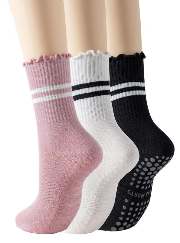 [Yawlsow] レディース ピラティス靴下 ピラティスグリップソックス 4足セット 可愛いフリルラッフル付き ヨガ・バー・ワークアウト用 滑り止め付き コットンスポーツソックス【滑り止めグリップデザイン】 ソールにシリコン製の滑り止めド...