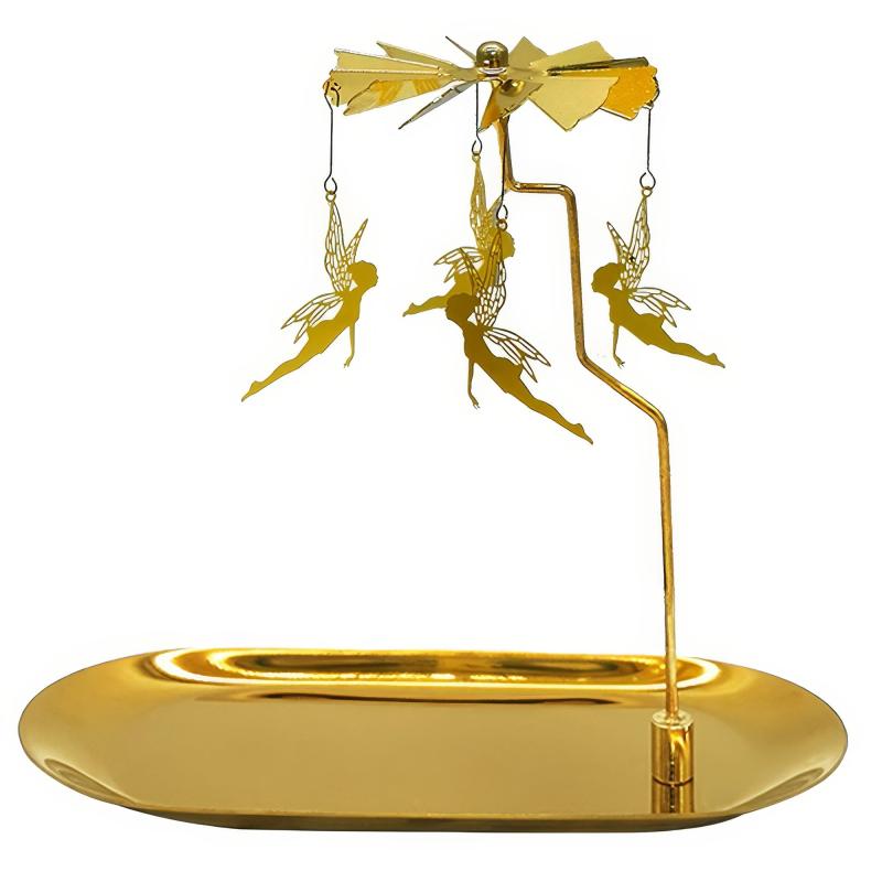 ゴールド回転キャンドルホルダー、ティーライト用スピニングフェアリーカルーセル、ジュエリートレイ付き装飾センターピース（フェアリー）熱駆動式回転:電池不要.1本のティーライトキャンドルの熱でファンが回転し、空間に静かで魅惑的な光と影のダンスを...