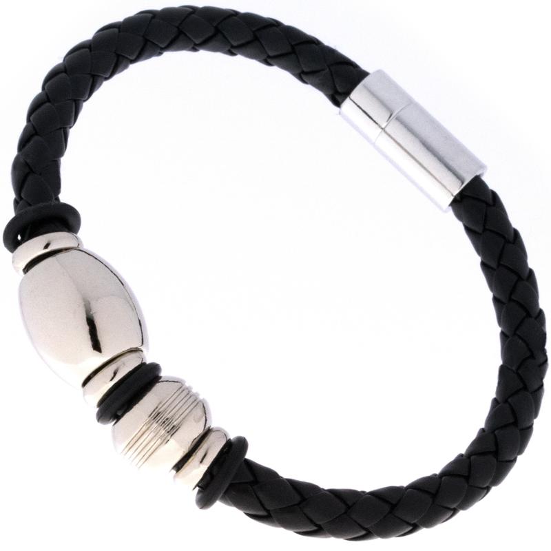 YUTTALIA レザー メンズ ブレスレット 編み込み 革紐 ブラック メタル 収納ポーチ付編み込みの革紐に、ふたつのメタリックな輝きがアクセントになったシンプルなブレスレット。着脱のラクなマグネット式。差し込んでからマグネットで留まるの...