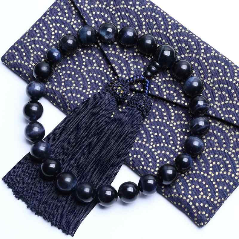 [レオビ-　ストア] LEOBEE 数珠 男性用 念珠 青虎目石 22玉 マグネット式数珠袋付き じゅず 葬式 葬儀 墓参り 法事 念誦 全ての宗派で使用頂け熟練数珠職人が丹精込めて仕立てた逸品をお届け致します。青虎目石はブルータイガーアイ...