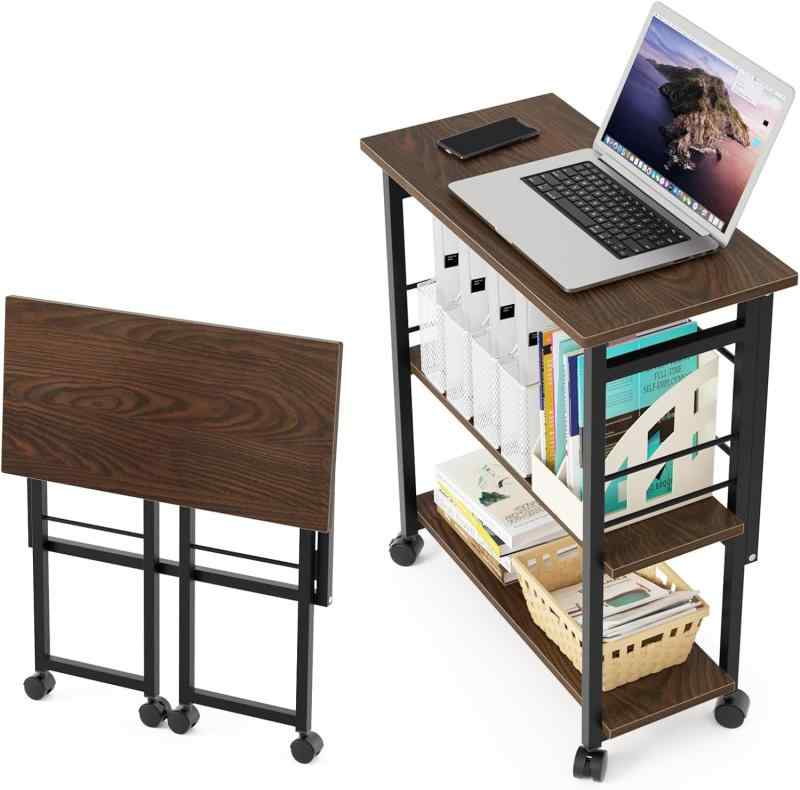 DEWEL 折り畳みデスク 収納棚付き パソコンデスク テレワーク幅60×奥行30×高さ70cm 中棚3段階調整 組立簡単 キャスター付き 拡張用 在宅勤務 作業台 棚板高さ調整可能 コンパクト【折りたたみ式&amp;3ステップで簡単組み立...