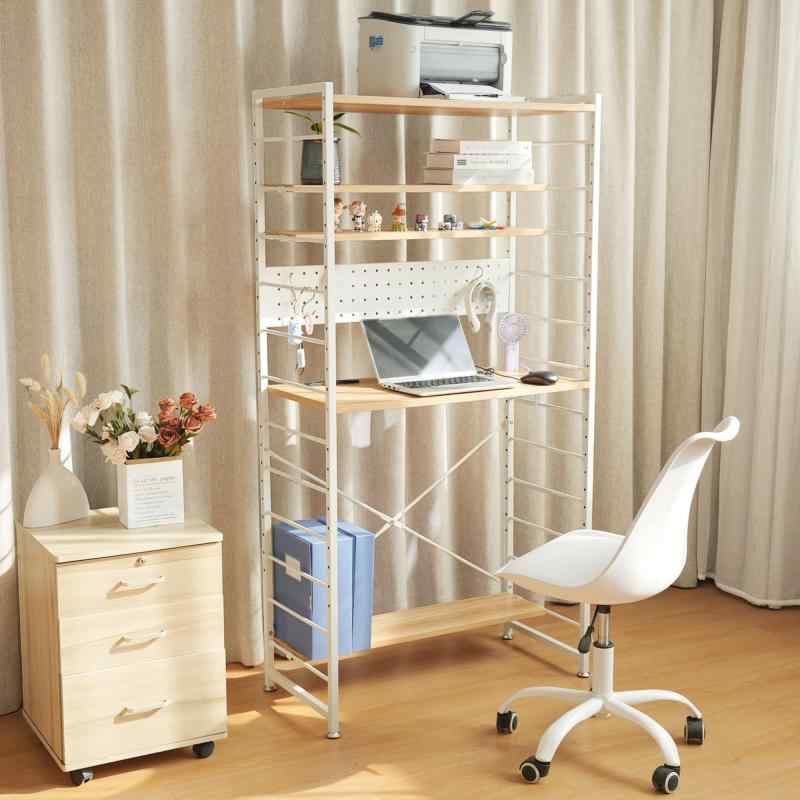 DEWEL シェルフデスク パソコンデスク 机 PC 幅84cm 有孔ボード付き 棚板高さ調節可能 コンセント付き ハイデスク 収納ラック 省スペース フック4個付き ワークデスク 一人暮らし 学習机 作業【商品仕様】サイズ：幅84x奥行4...