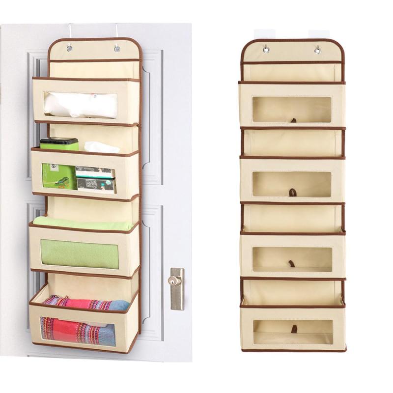 ドア掛け 収納ポケット ウォールポケット 壁掛け 4段 大容量 透明窓付き 吊り下げ収納ポケット 頑丈 耐久 不織布 小物収納/タオル/おもちゃ/雑誌などの収納 フック2個付き (ベージュ)