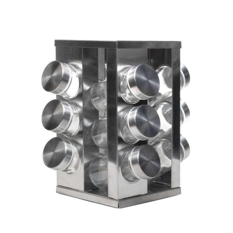 安住商事 回転式スパイスボトルホルダー スパイスラック12ジャー調味料スタンド スパイス収納 おしゃれでスタイリッシュ素材：ステンレス（スタンド部分・びんキャップ部分）/ソーダガラス付属品：スタンド1個、調味料ビン12個寸法：スタンド部分 ...