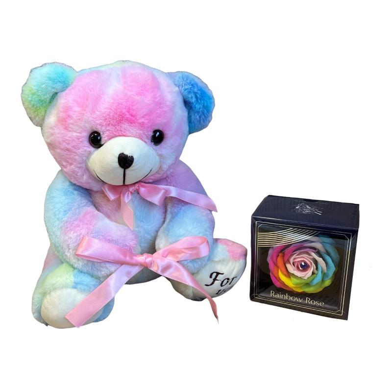 キューフラ(Q-FLA) ソープフラワー 入浴剤 レインボーベア＆ローズ ぬいぐるみ セット ブルー 母の日 ギフト プレゼント 833137W27×D29×H29cm入浴剤としても使える1輪ローズとくまのぬいぐるみのセットです。