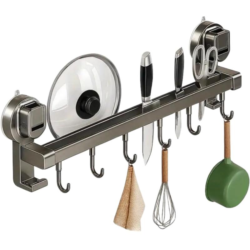 To all Genie キッチンツールラック 吸盤 キッチンツール 収納 ラック 耐荷重25kg フック6個付き アルミニウム＆ABS製 穴あけ不要 防錆 防油【強力吸盤＋ロックレバー式】「キッチンラックを設置したいけど、工事はお金がかか...